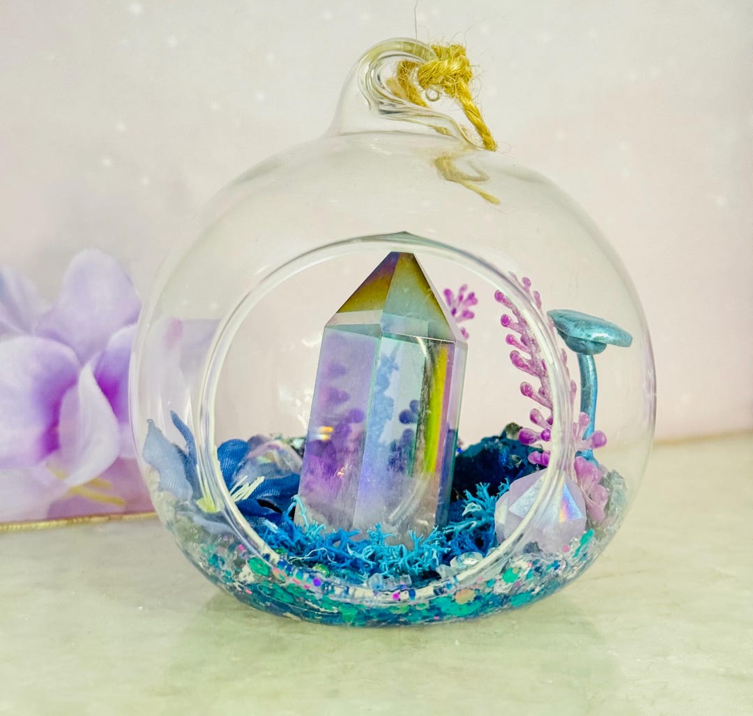 Tanzine Aura Quartz Crystal Garden: Hanging Glass Orb, Fairy Garden - Etsy