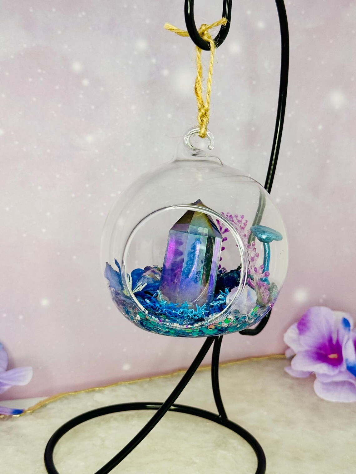 Tanzine Aura Quartz Crystal Garden: Hanging Glass Orb, Fairy Garden - Etsy