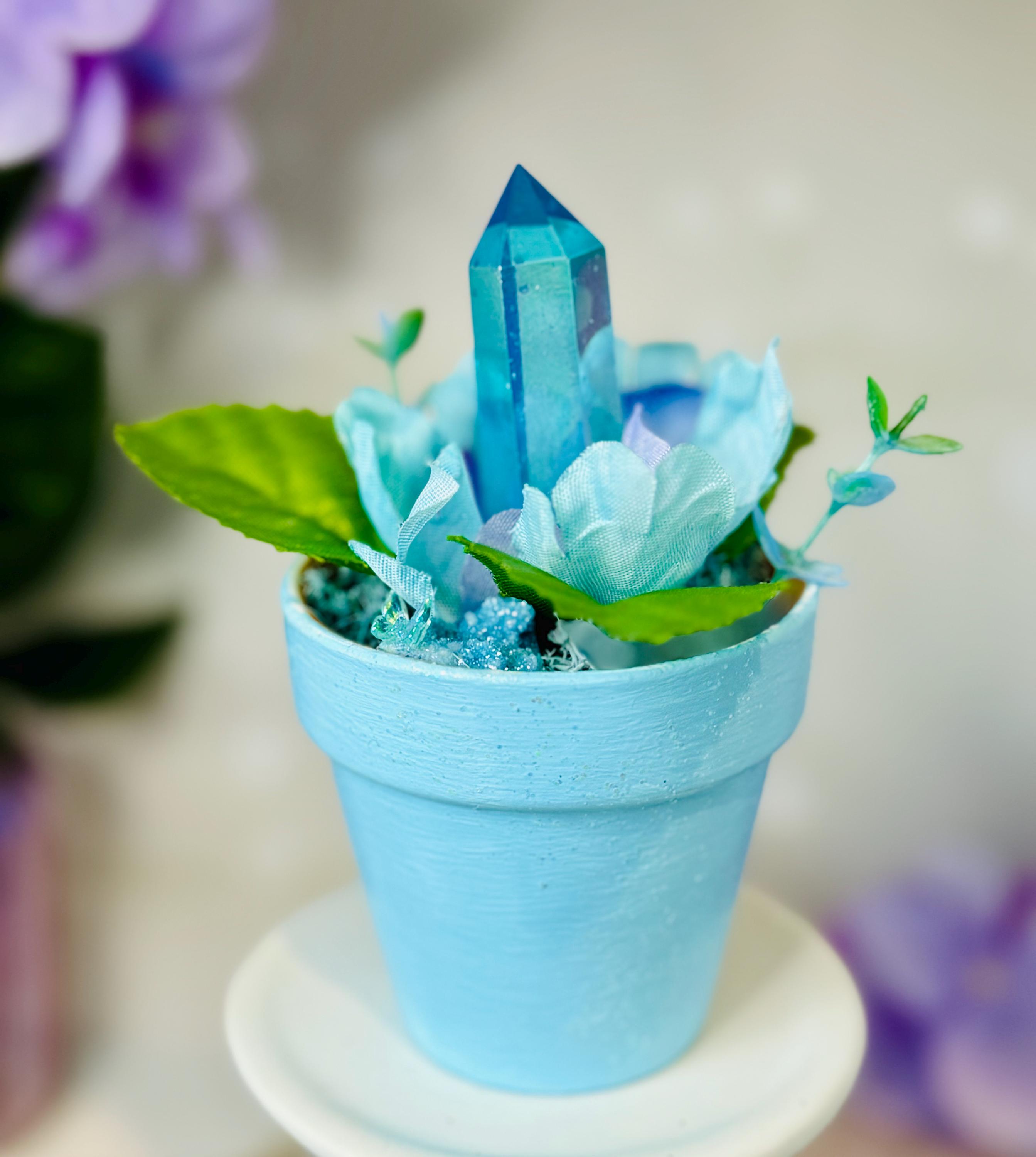 Blue Aura Quartz Crystal Flower Garden: Terracotta Pot Cottagecore ...