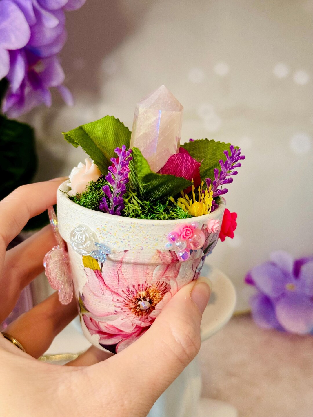Aura Rose Quartz Crystal Garden: Whimsical Windowsill Cottagecore Decor ...
