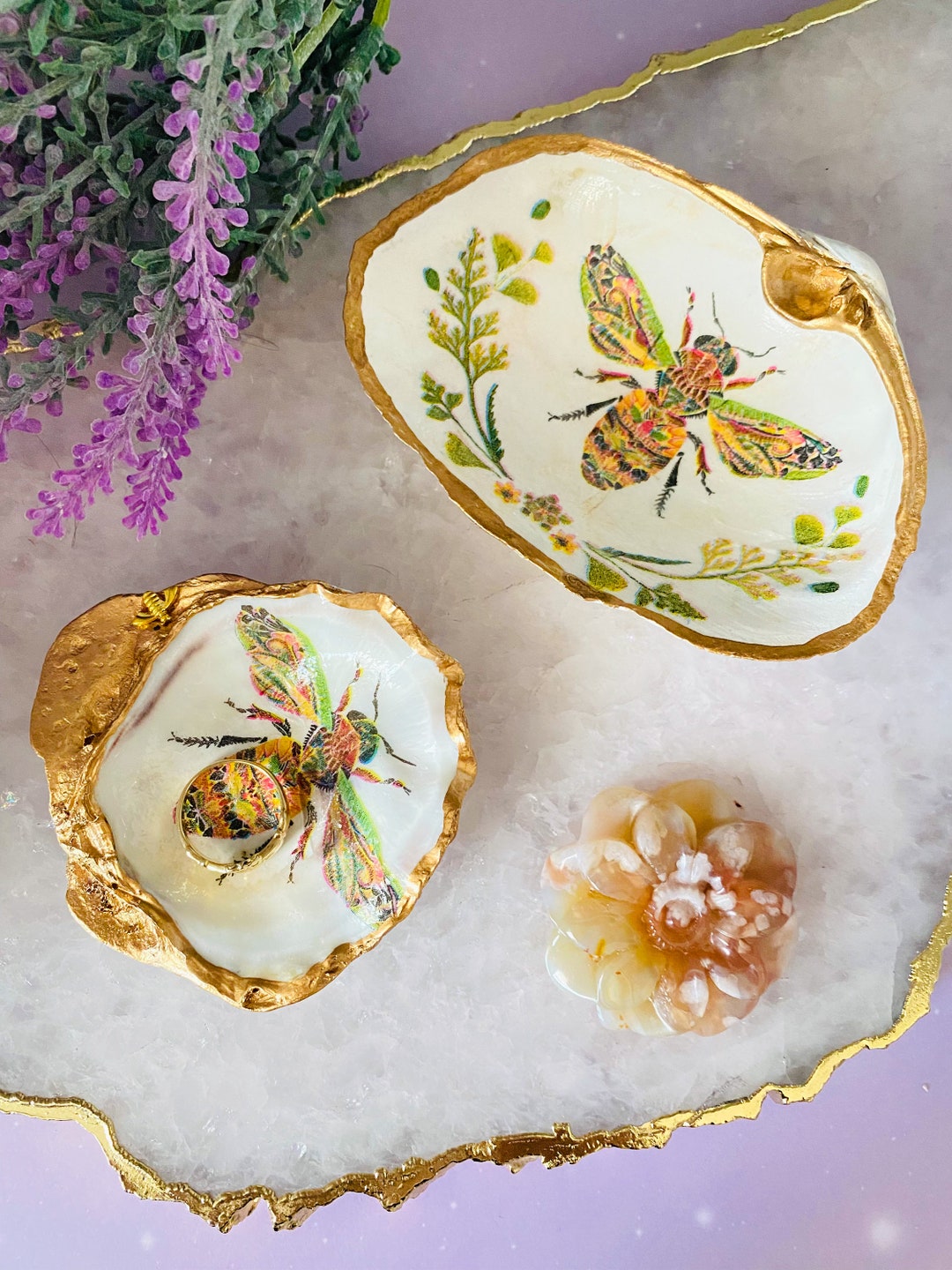 Decoupage Bee Ring Holder: Clam Shell Trinket Dish - Cottagecore Decor ...