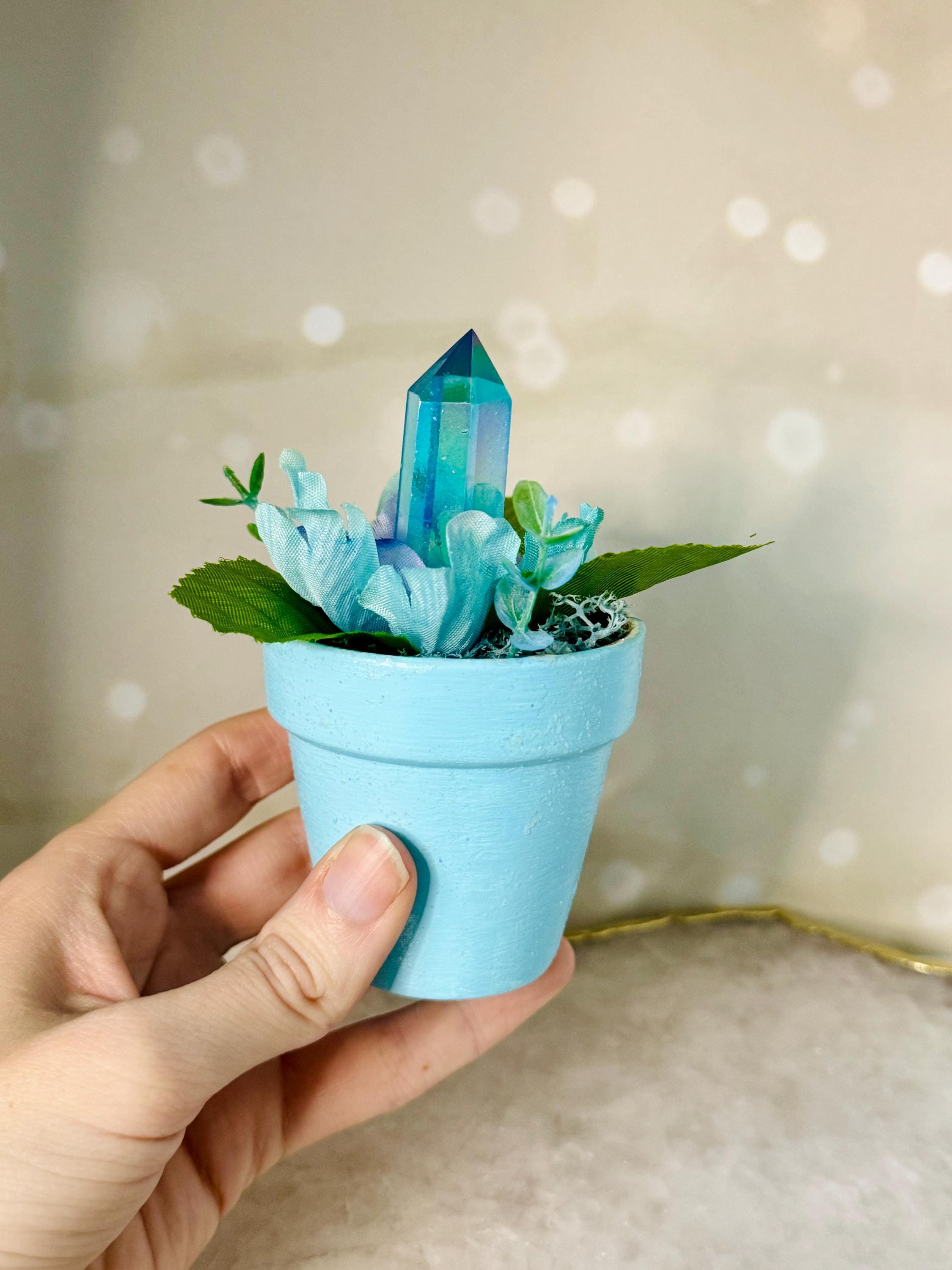 Blue Aura Quartz Crystal Flower Garden: Terracotta Pot Cottagecore ...