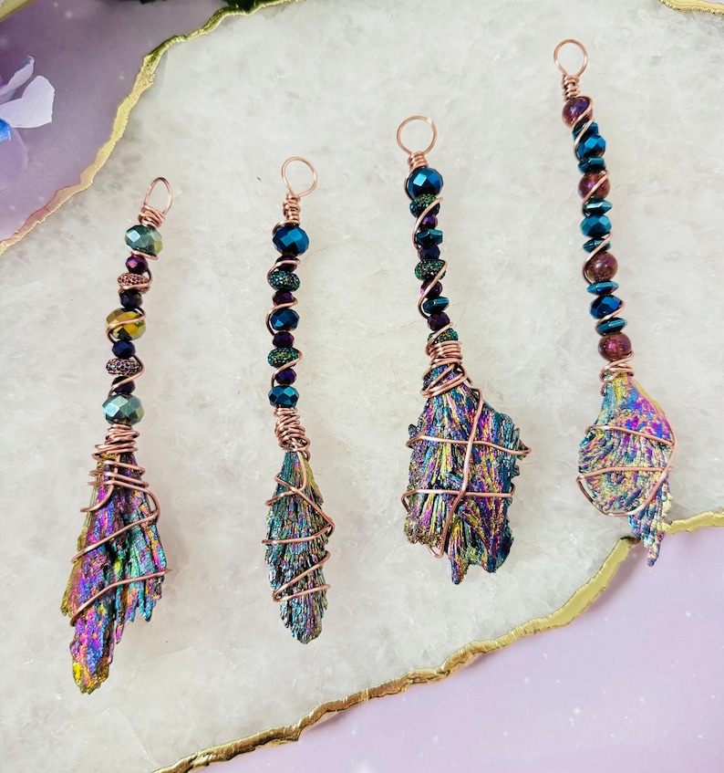 Titanium Aura Kyanite Witch Broom Ornament: Copper Wrapped Crystal ...