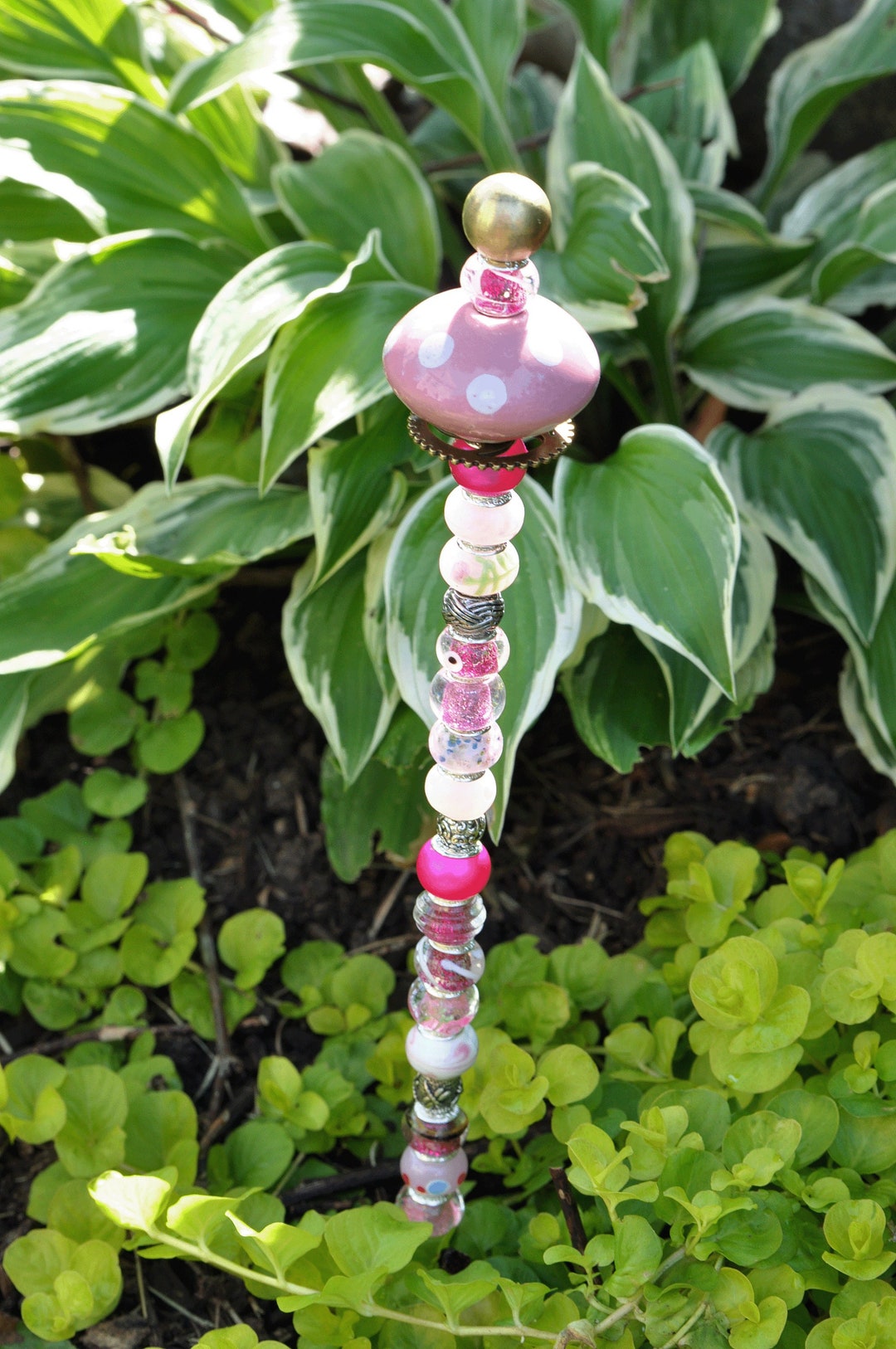 Pink Polka Dots Beaded Plant Stake, Fairy Wand, Decorative Garden Stake ...