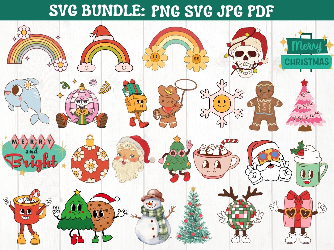 Retro Christmas Clipart Bundle, Groovy Christmas Svg, Christmas Svg ...