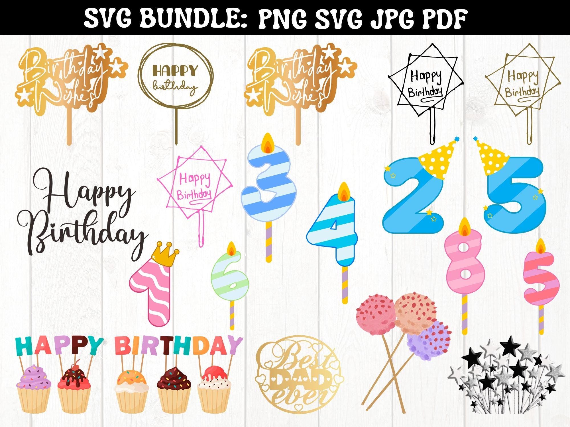 Happy Birthday Cake Toppers SVG | Laser Cut Cake Topper Files | Circle ...