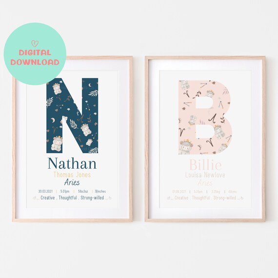 Aries Astrological New Baby Gift Letter Print Birth Stats | Etsy