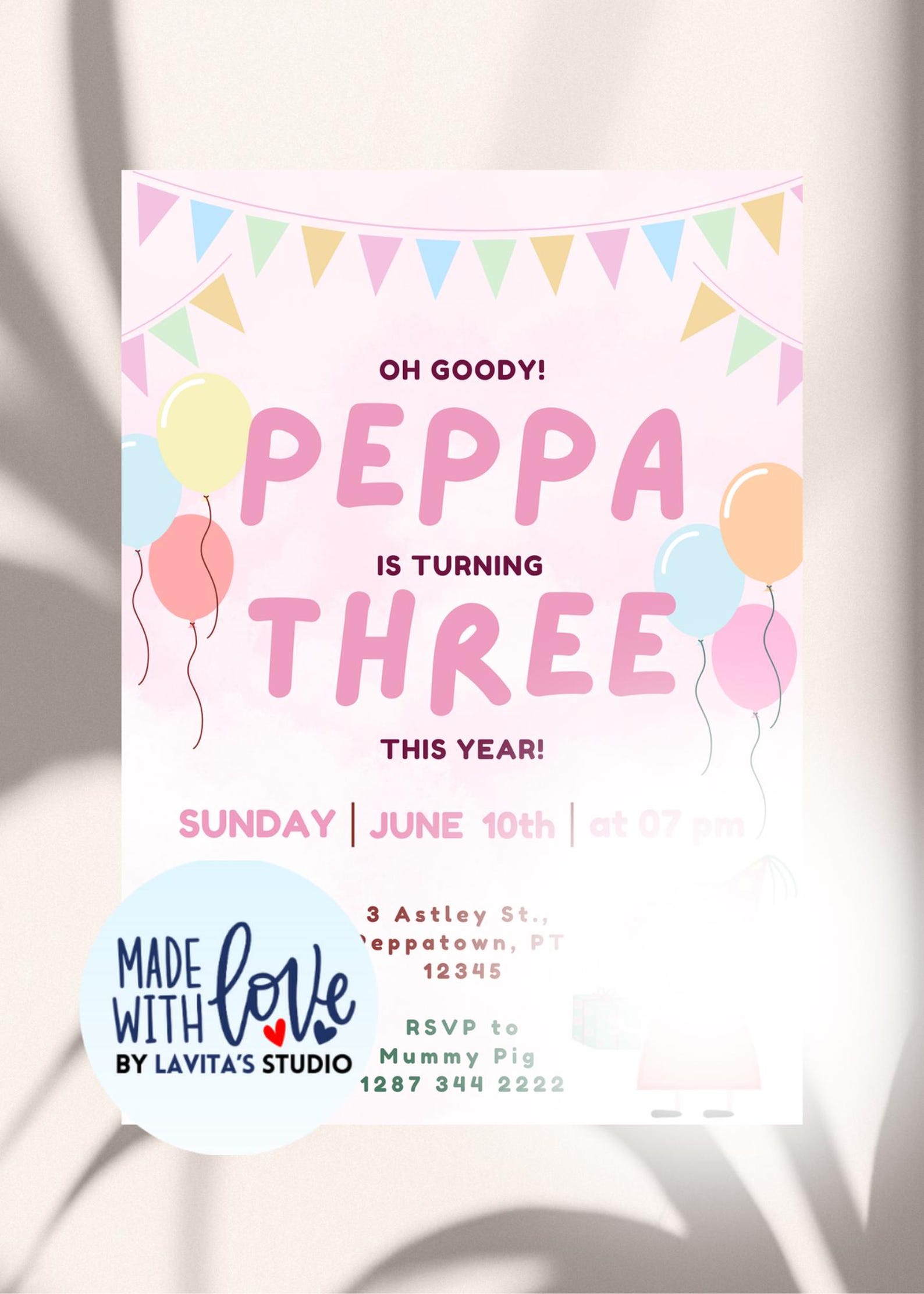 Editable Oh Goody! Piggie Girl Birthday Invitation Party Invitation for ...