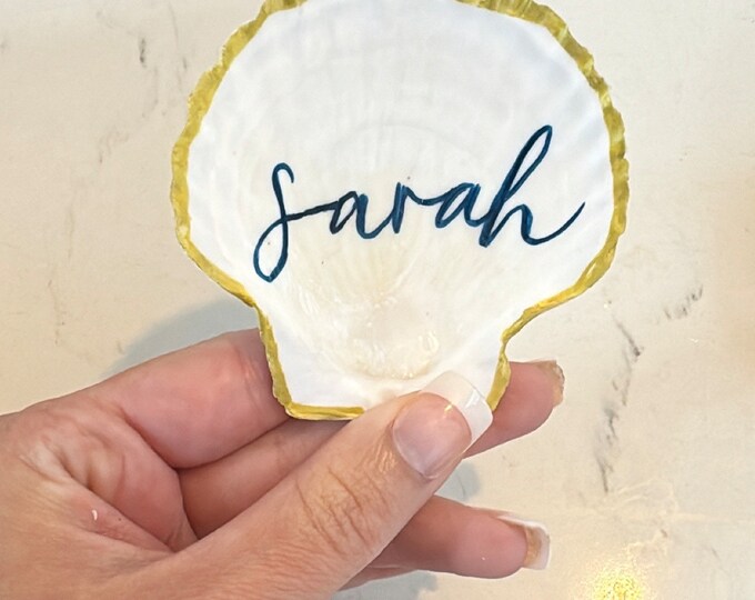 Hand-lettered Place Cards With Pressed Sea Shell Detailing and Pearl ...