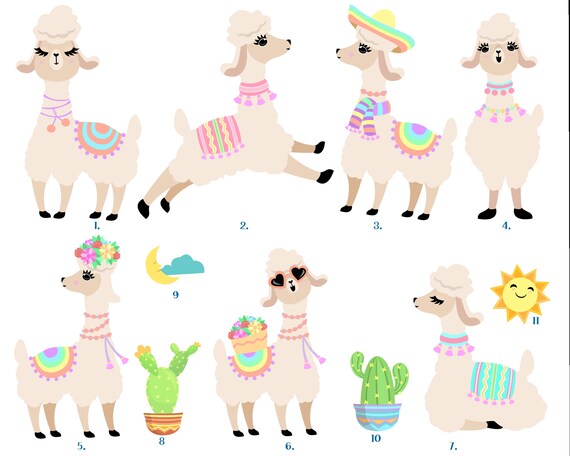 Embellishments Paper, Party & Kids Cute Lamas PNGs Kawaii Llamas Bundle ...