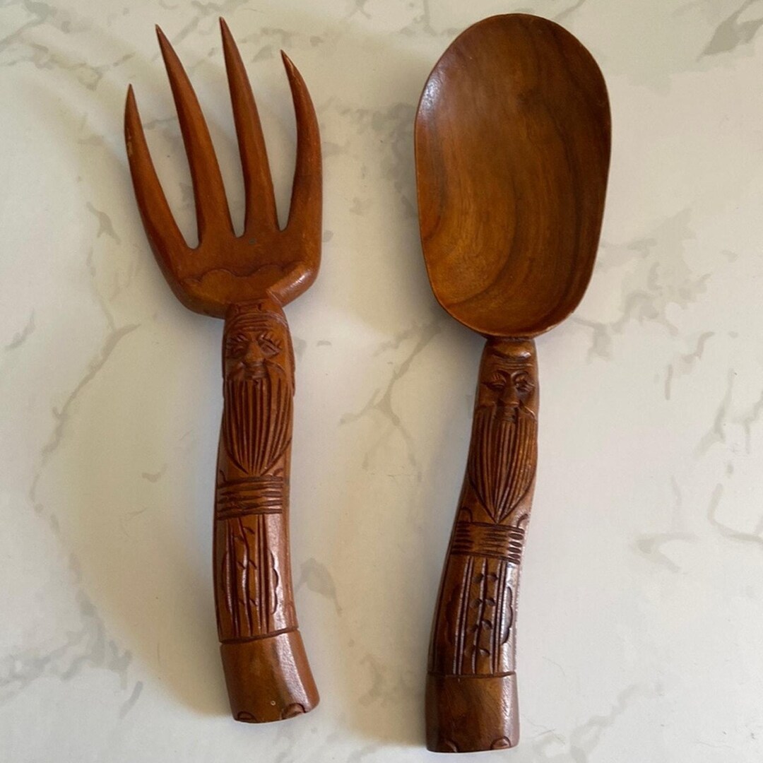 Vintage Hand Carved Wooden Serving Utensils Set Spoon Fork Large ...