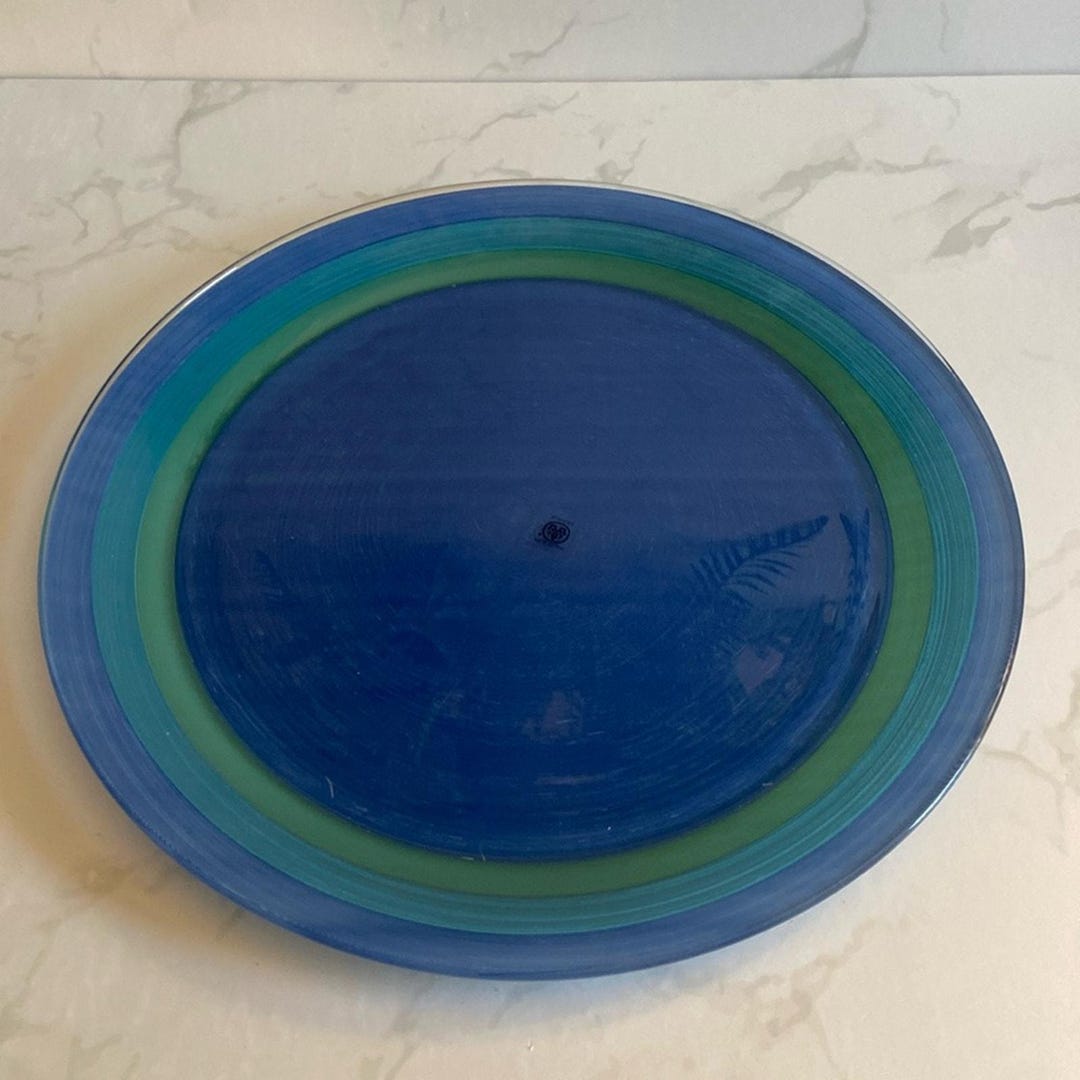 Vintage Pfaltzgraff 13 Glass Round Platter Plate Blue Green Ocean ...
