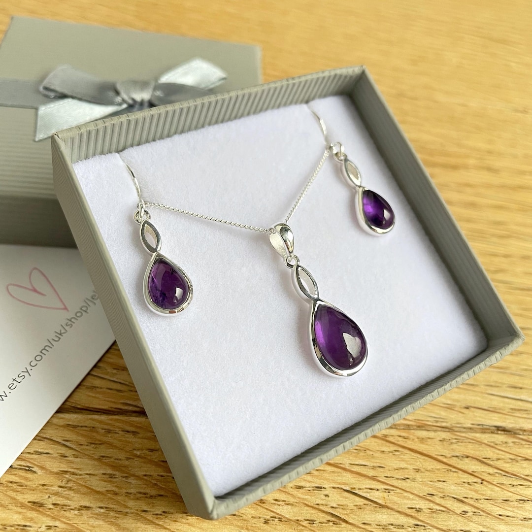 Amethyst Necklace and Earrings Set, Amethyst Teardrop Gemstone Gift Set ...
