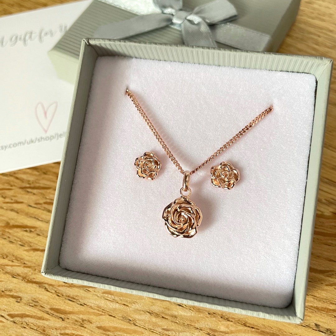 Rose Gold Sterling Silver Rose Jewelry Set: June Birth Flower Pendant ...