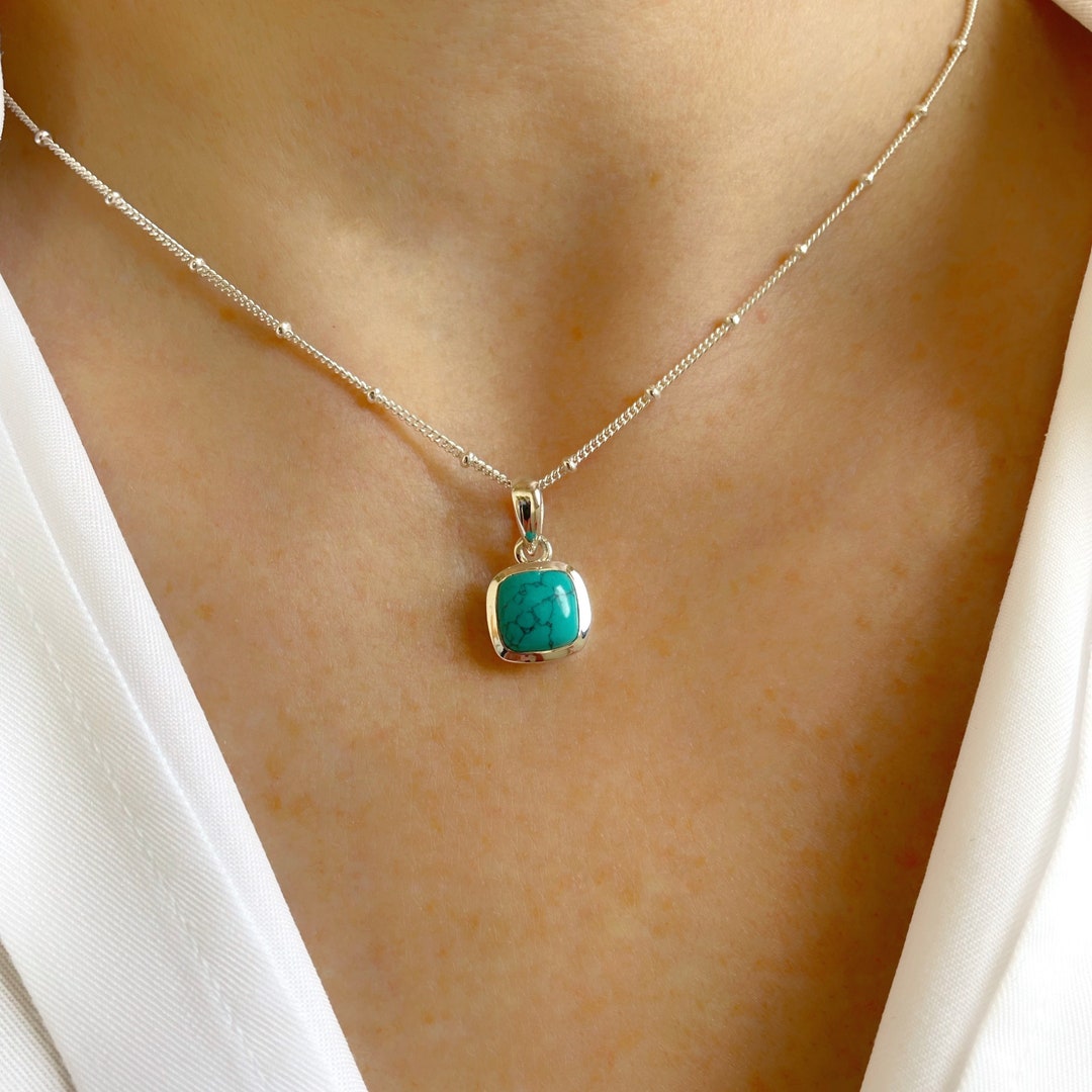 Turquoise Necklace, Turquoise Square Pendant, Sterling Silver Necklace ...