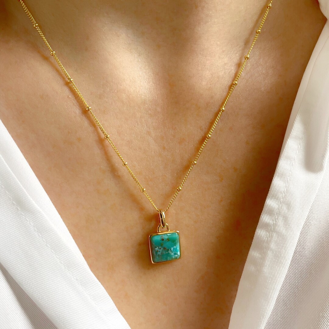 Turquoise Square Necklace, Turquoise Square Pendant, Sterling Silver ...