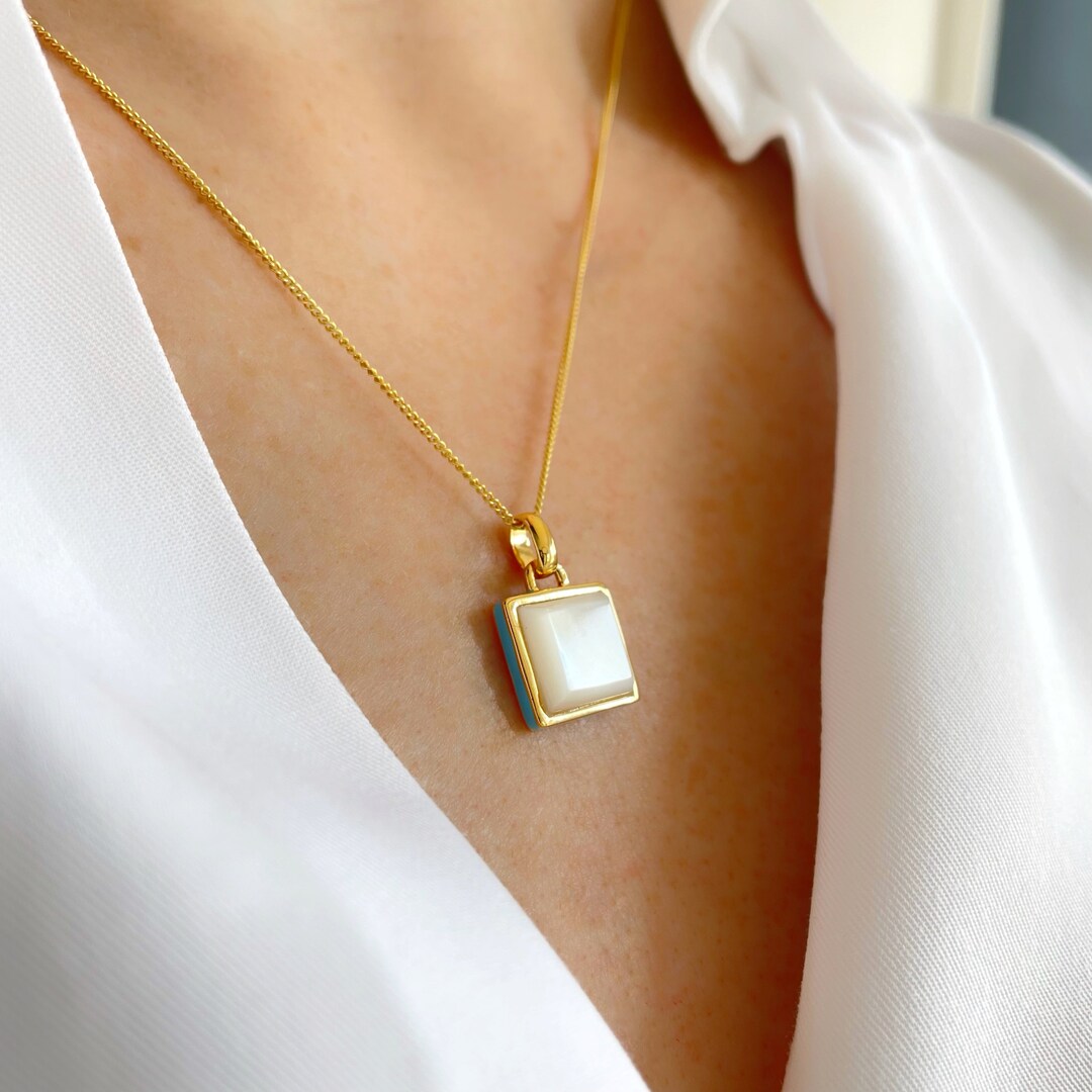 Mother of Pearl and Enamel Necklace, Square Pendant Necklace, Sterling ...