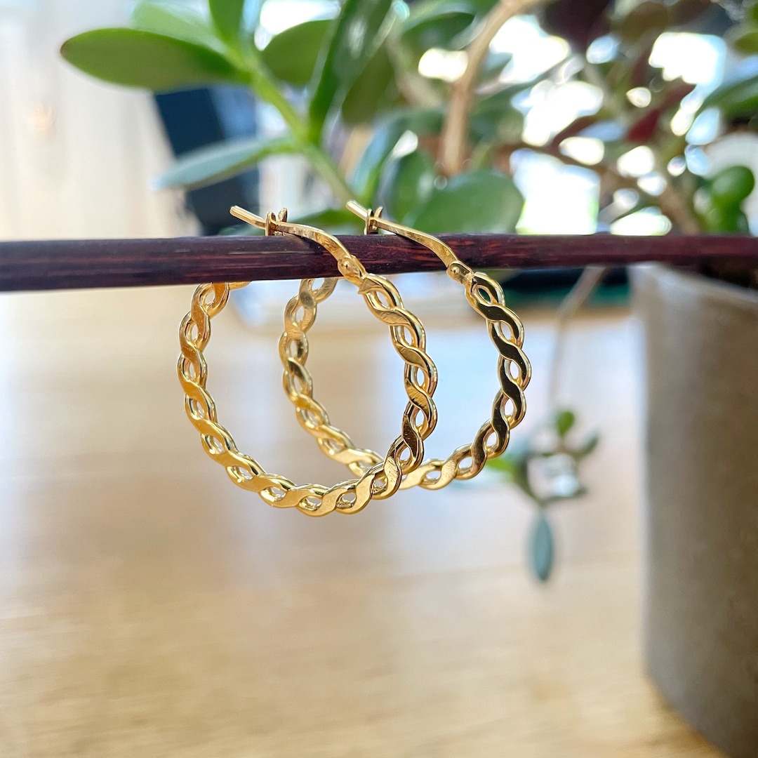 Creole Earrings, Flat Link Creole Hoops, Sterling Silver, 18K Gold ...
