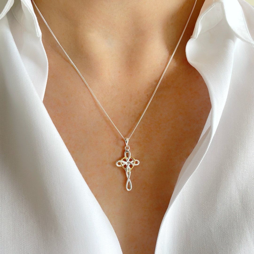 Sterling Silver Celtic Infinity Cross Necklace With Gold Heart - Etsy