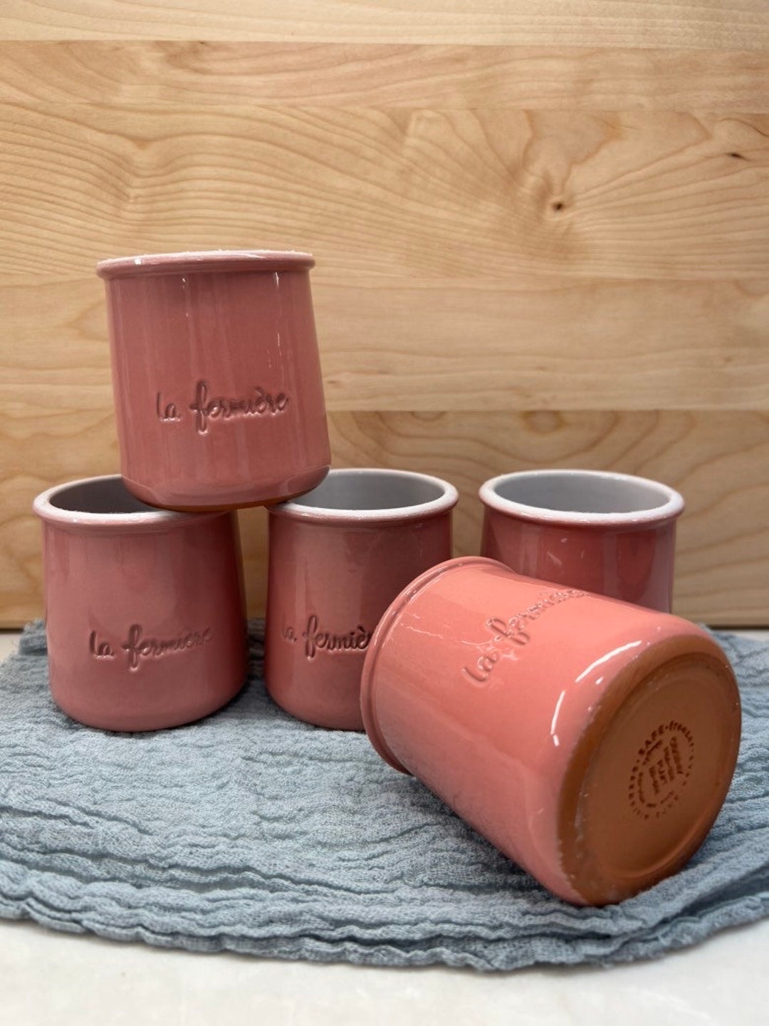 La Fermiere Yogurt Pots, French Pottery Pots, Pink Glazed Pots, Bundle ...