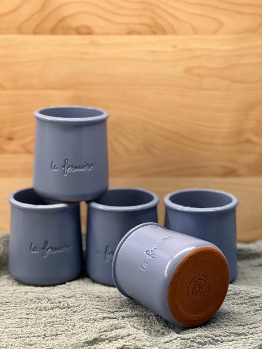 La Fermiere Yogurt Pots, French Pottery Pots, Blue Glazed Pots, Bundle ...