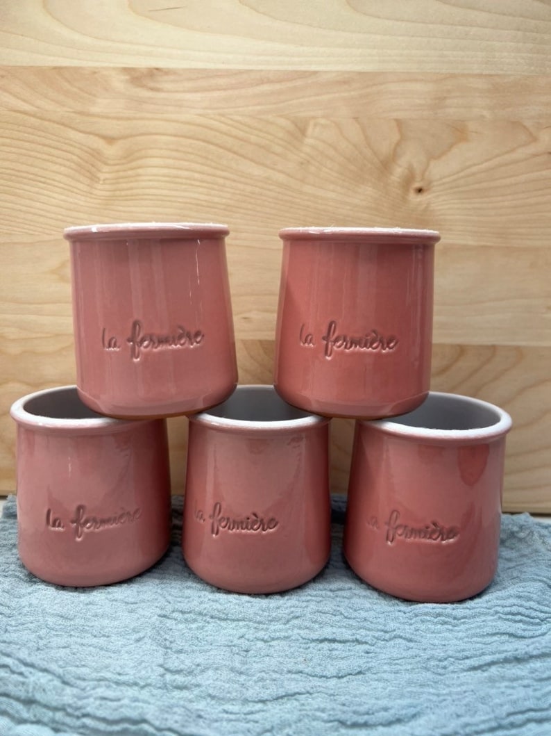 La Fermiere Yogurt Pots, French Pottery Pots, Pink Glazed Pots, Bundle ...