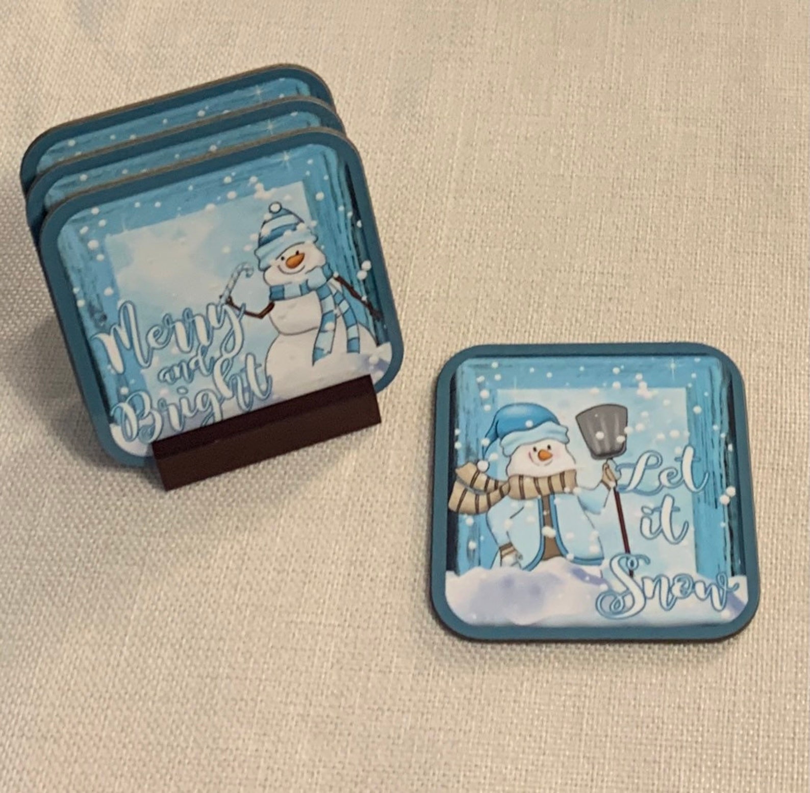 Snowman Coaster Set Coaster Set and Holder Holiday Coaster - Etsy