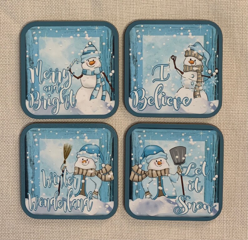 Snowman coaster set coaster set and holder Holiday Coaster | Etsy