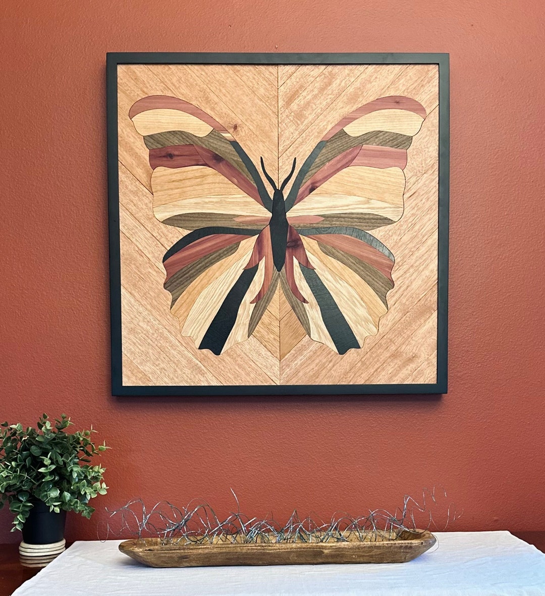 Large Wooden Intarsia Butterfly Wall Art, Oversized Patterned Inlay ...