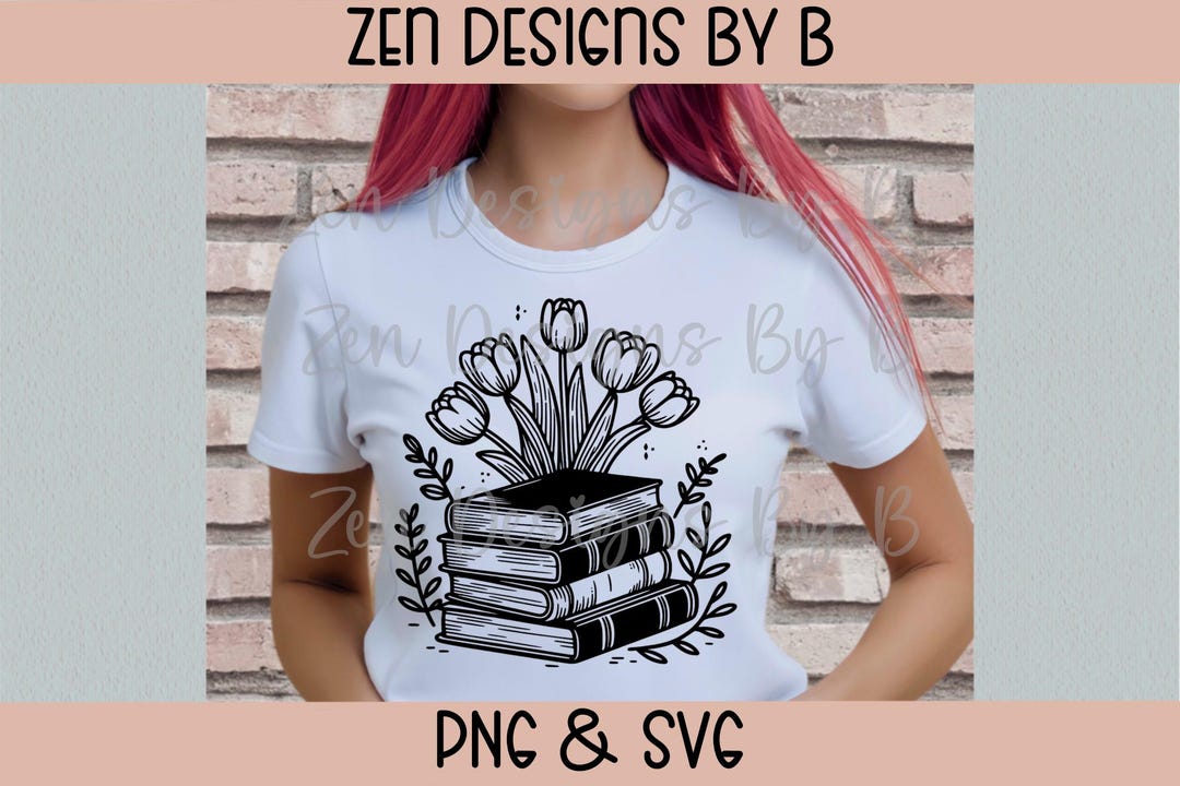 Floral Book Stack SVG, Book Stack With Tulips Cut File, Book Lover SVG ...