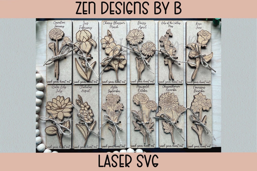 Birth Month Flower Bookmark Bundle of 12 Laser SVG, Flower Bookmark ...