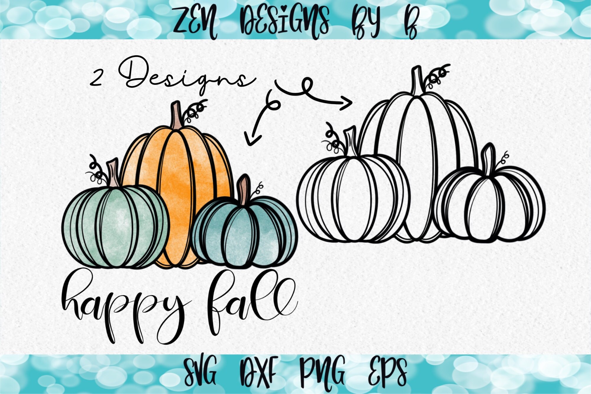 Happy Fall With Pumpkins SVG Cut File, Sketched Pumpkins, Color File ...