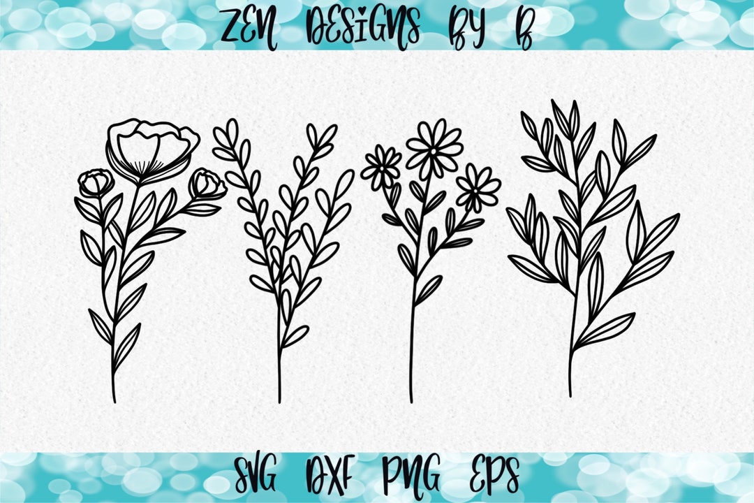 Wildflowers Set of 4 SVG Cut File, Sketched Wildflowers, Floral, Vines ...