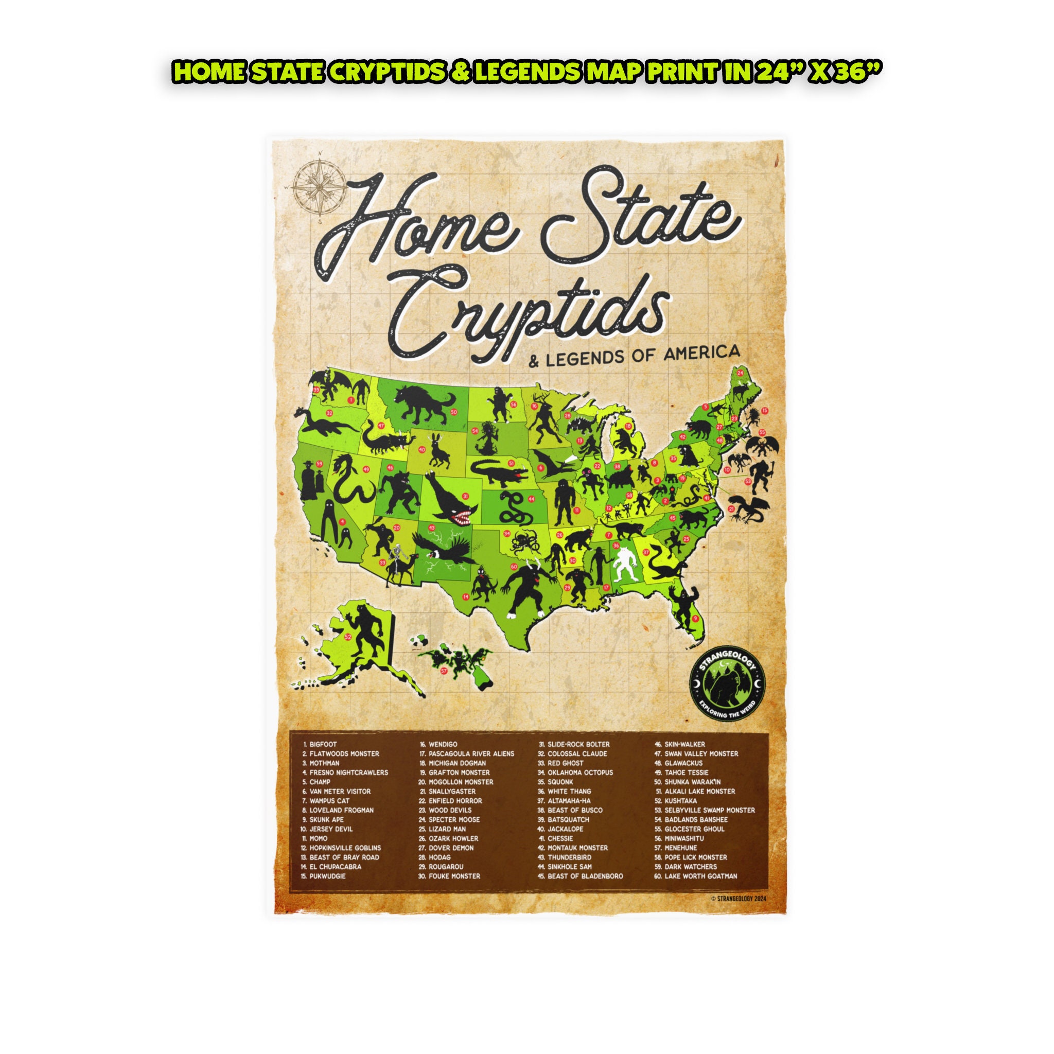 Home State Cryptids of America Map, Cryptozoology Art Poster - Etsy