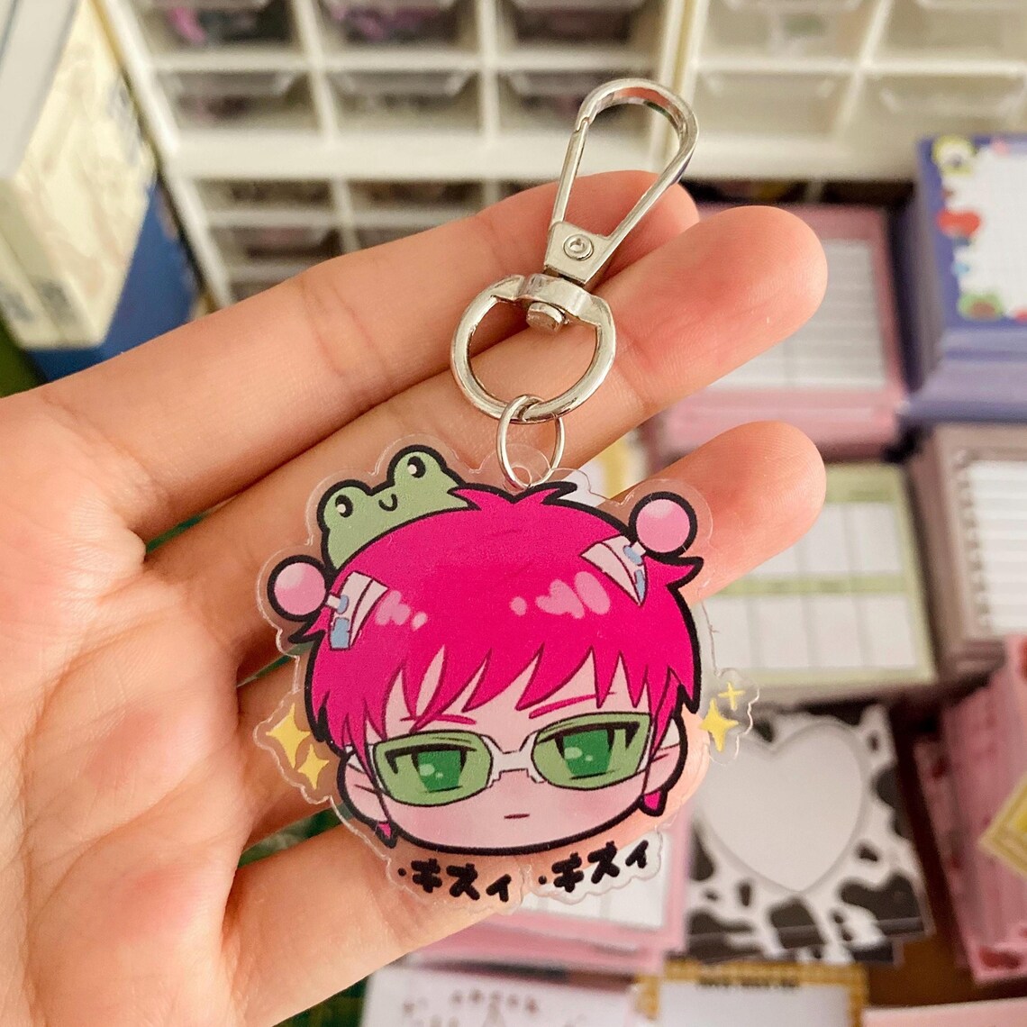 Cute Pink Psychic Boy Keychain With Frog Hat | Anime Acrylic Keychain ...