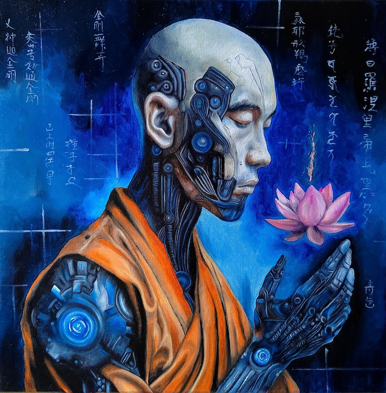 TIME - Cyberpunk Buddhist Monk Original Painting. Oriental-style ...