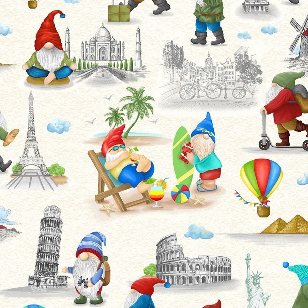 End of Bolt - Roaming Gnomes on Cream Cotton Fabric- 100% Cotton ...