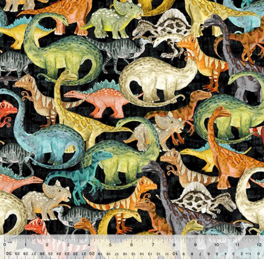 Evening Commute Dinosaurs on Black Cotton Fabric -roar Cotton Fabric ...