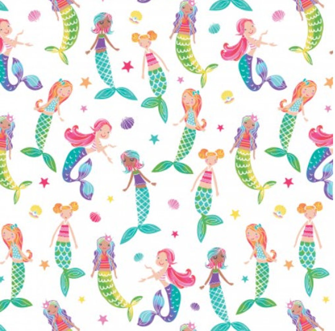 Mystical Mermaids - Mermaid Friends White Pearl Cotton Fabric- 1/4 Yard ...