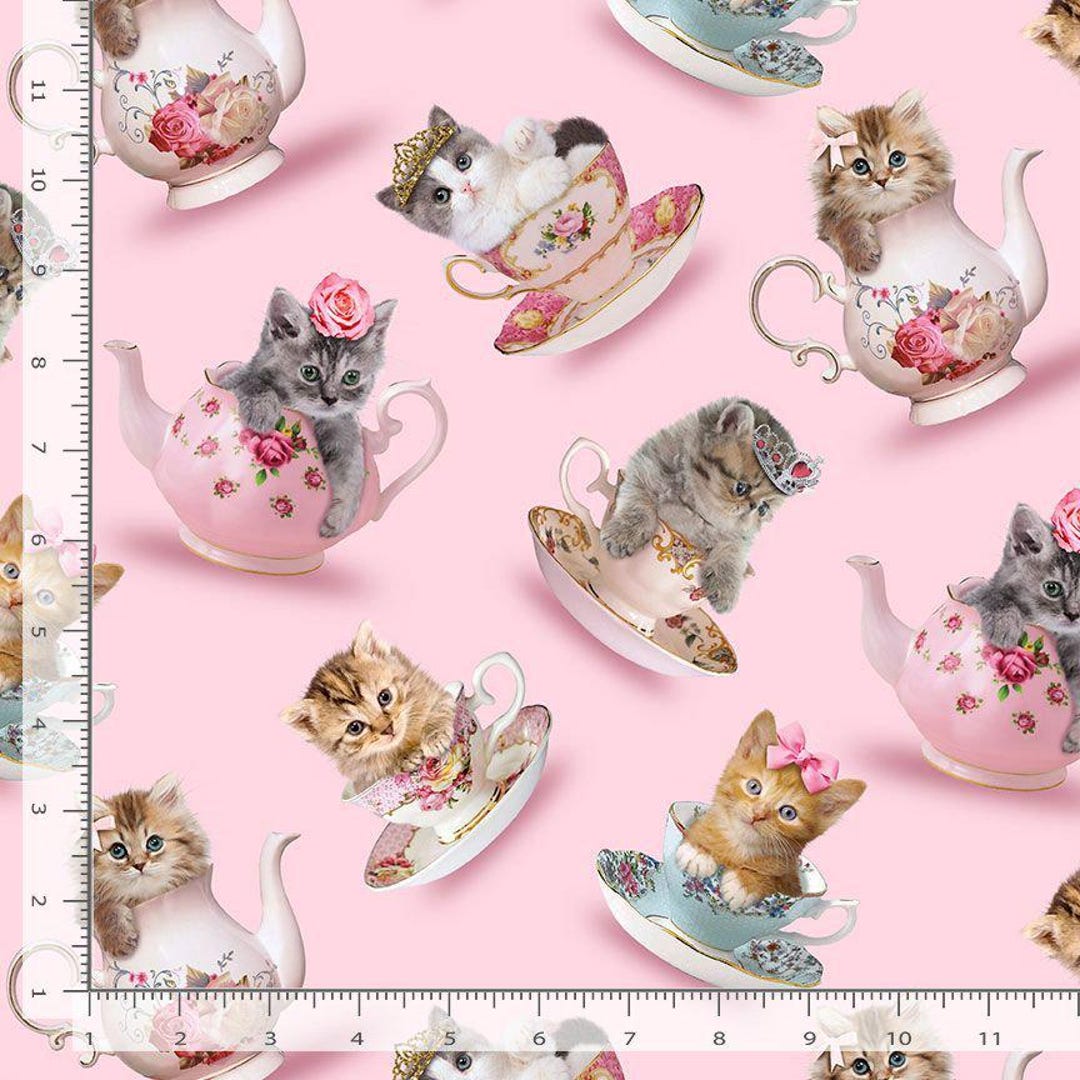 Teacup Cats Cotton Fabric by the 1/2 Yard- Fat Quarters - 100% Cotton ...