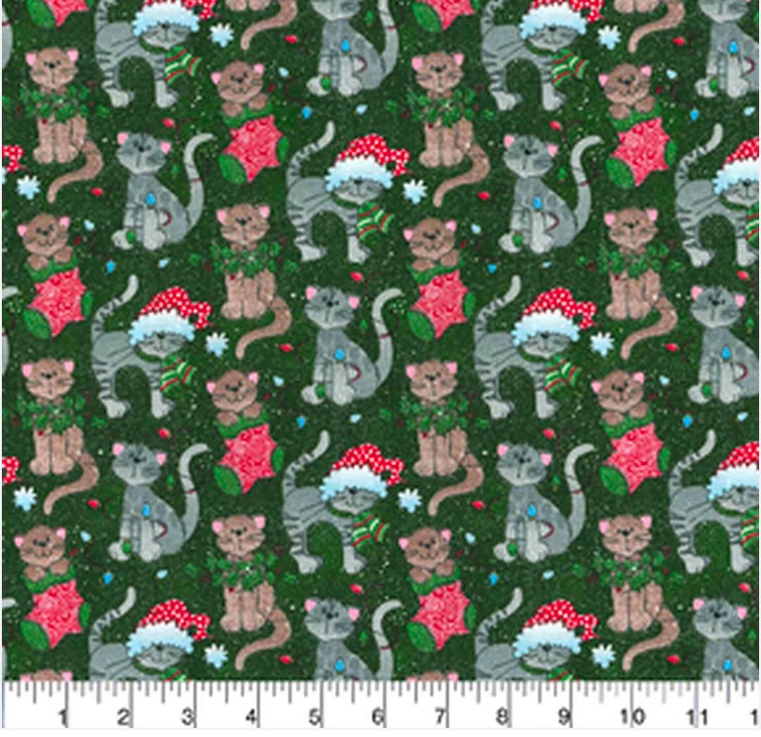 Santa Cat Christmas Fabric - Fat Quarters- 100% Cotton-by the 1/2 Yard ...
