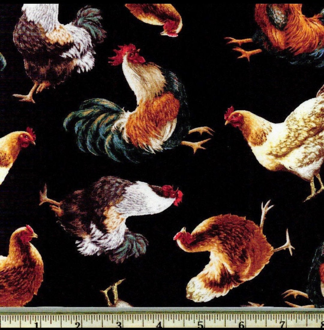 Chickens and Roosters on Black Cotton Fabric - Fat Quarters, by the ...