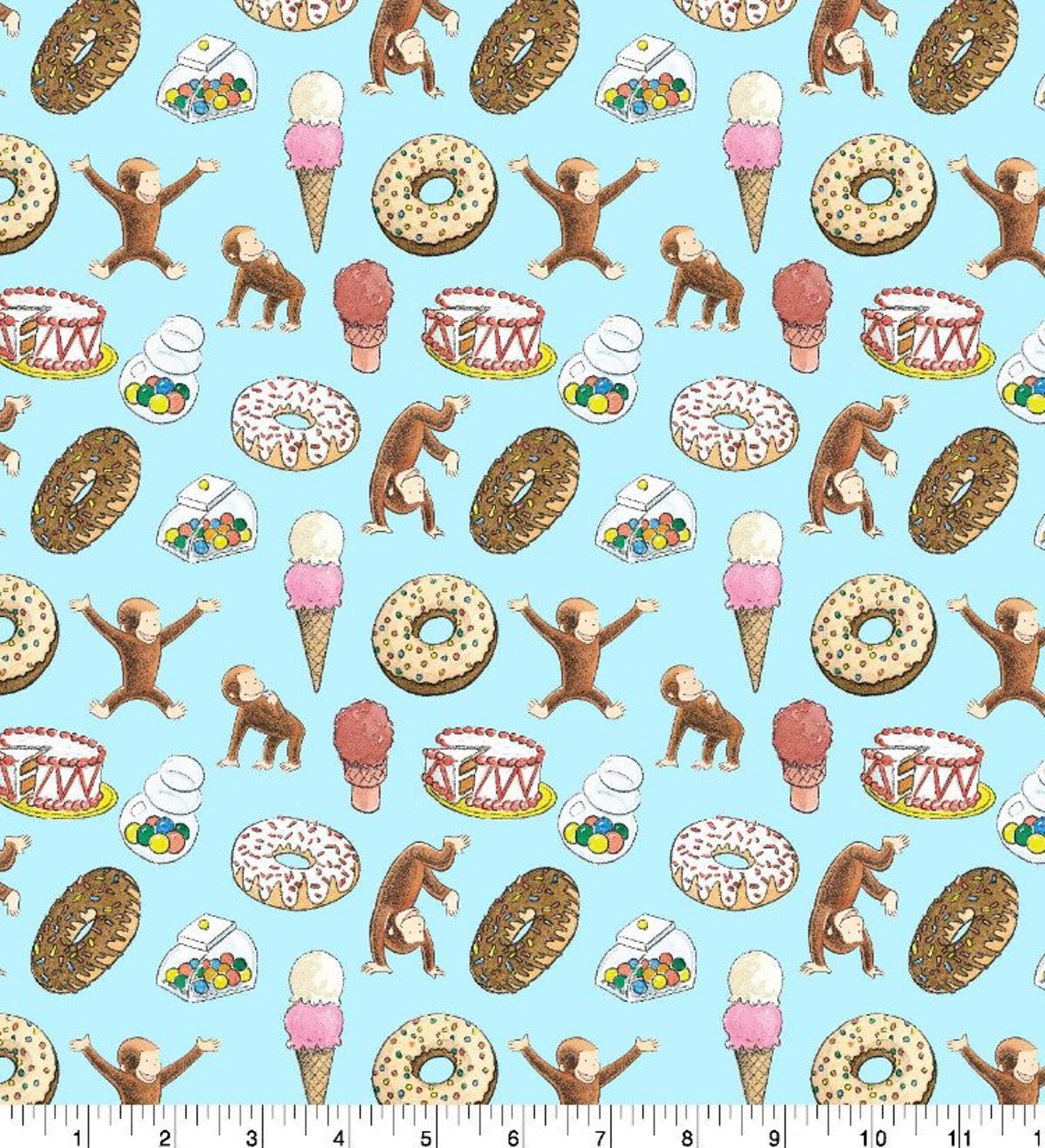 Curious George Donuts on Blue -fabric- 1/4 Yard, 1/2 Yard, Remnant ...