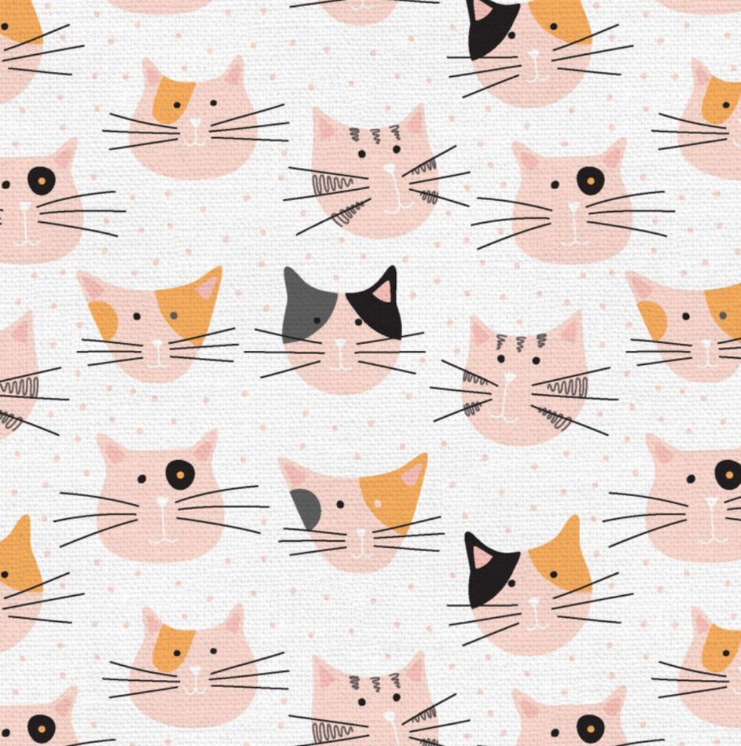 Tails and Whiskers Cat Faces White Fabric- by the 1/2 Yard- Fat ...