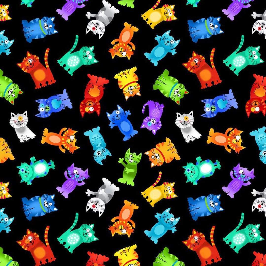 Bright Tossed Rainbow Catscats Fabric- 100% Cotton-tt-gail CD3338 Brite ...