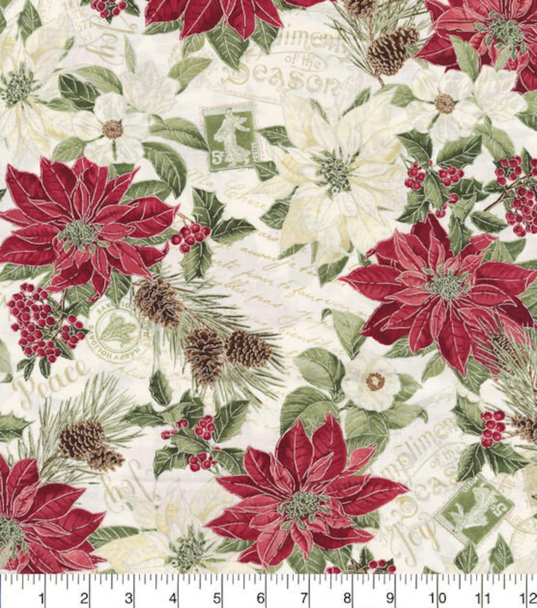 Hi Fashion Merry & Poinsettias on White Christmas Cotton Fabric- by the ...