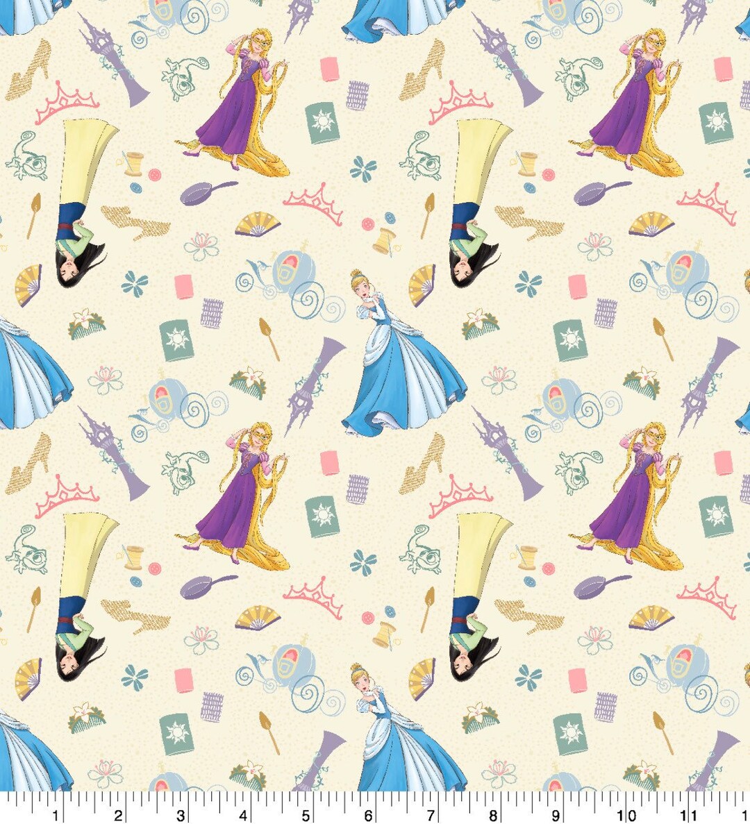 Disney Princesses With Icons Cotton Fabric- 100% Cotton -continuous ...