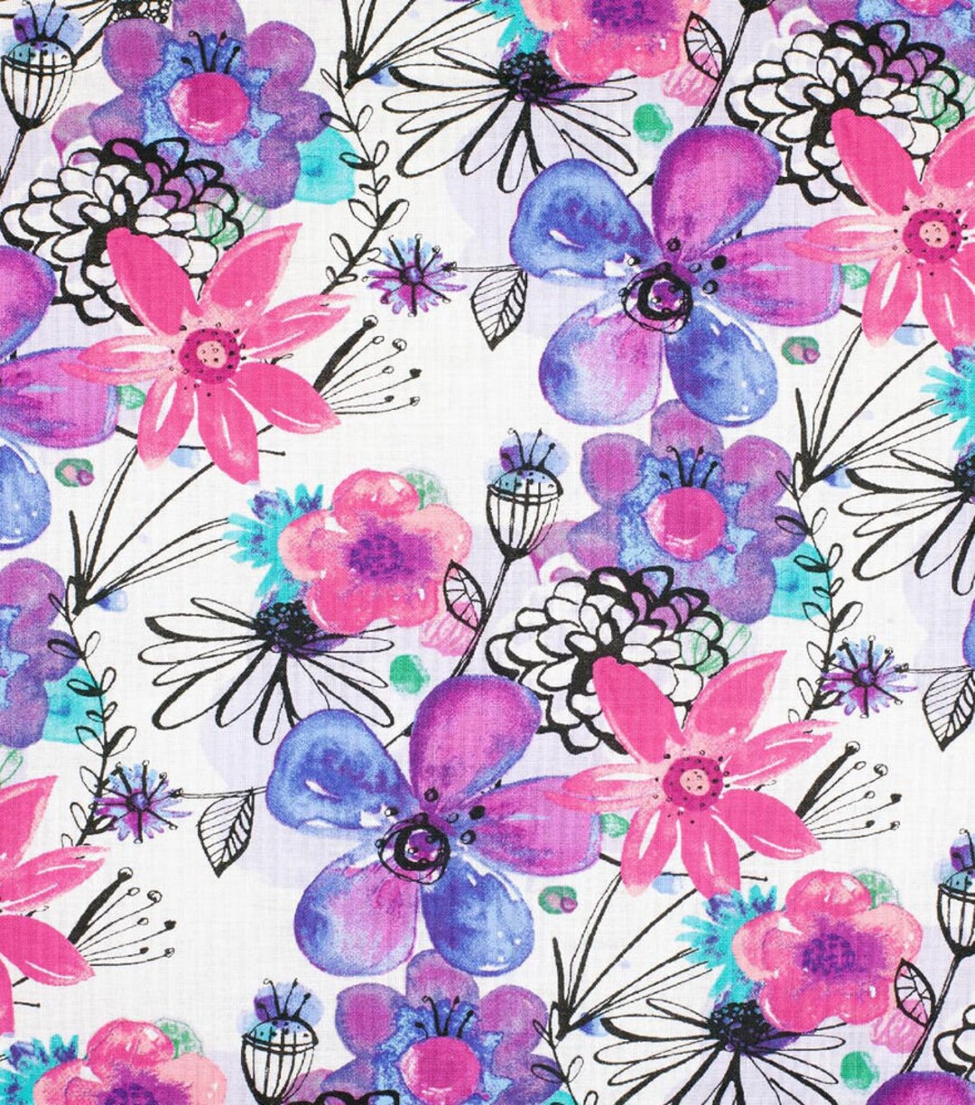 Sketched Floral Purple Flowers Cotton Fabric by the 1/2 Yard Fat ...