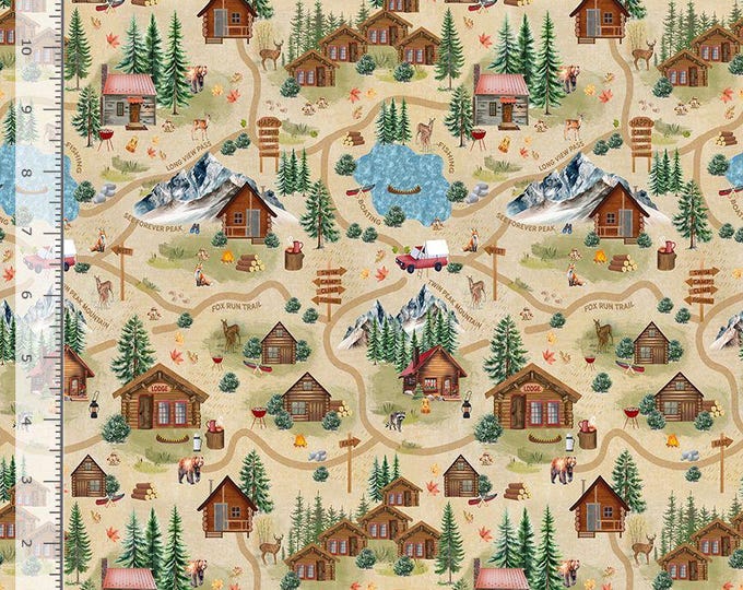Cabin Scenic Fabric 100% Cotton Fabric -tt-nature CD3476 Beige - Cabin ...
