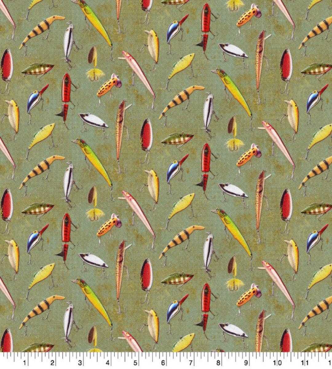 Fishing Lures Cotton Fabric by the Yard, Quarter Cuts, Continuous Cuts ...